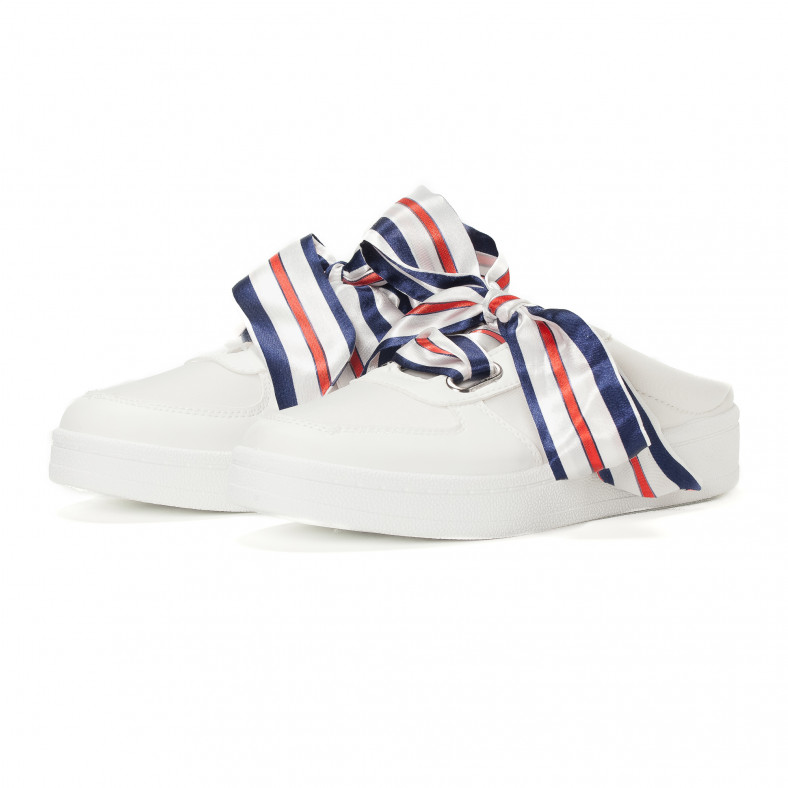 Papuci sport de dama albi cu șireturi din satin it230418-27 | Fashionmix.ro